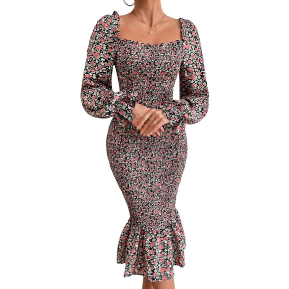 Dresses | Puff Sleeve Floral Midi Bodycon Dress | Poshmark